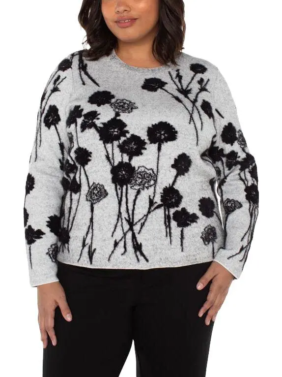 LIVERPOOL Floral Jacquard Crewneck Sweater - Light Grey Black Floral