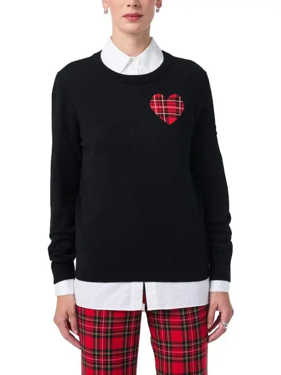 Trina Turk Plaid Heart Merino Wool Sweater - Black