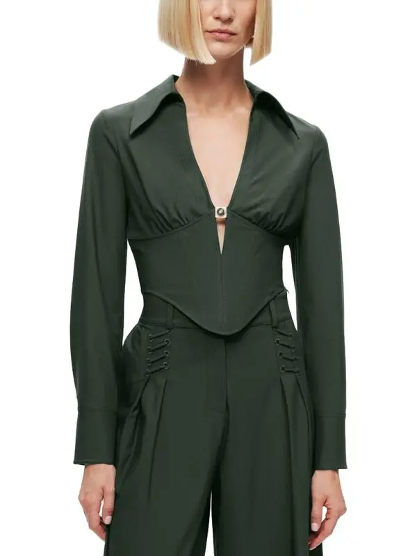 NOCTURNE Sculpted Deep-v Corset Blouse - Dark Green
