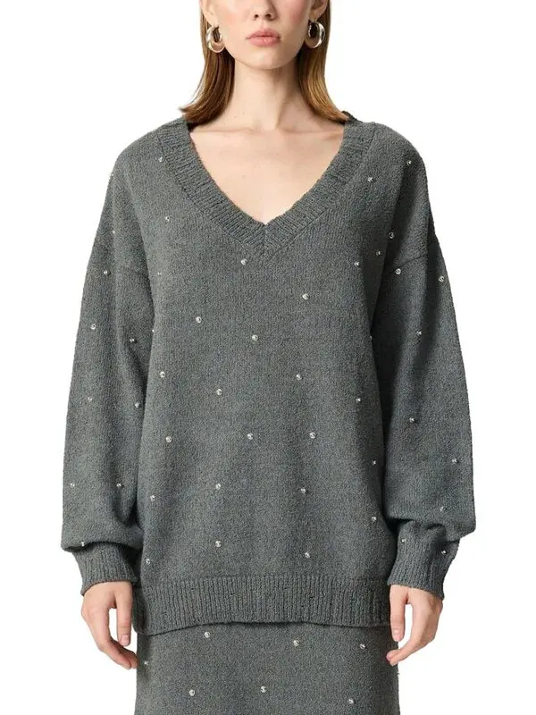 NOCTURNE Embellished V-neck Knit Sweater - Anthracite