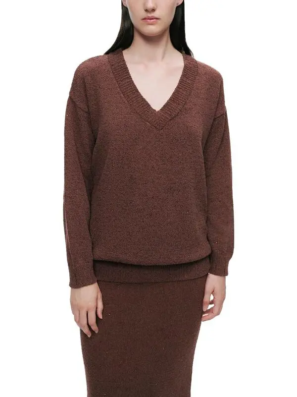 NOCTURNE Embellished V-neck Knit Sweater - Brown