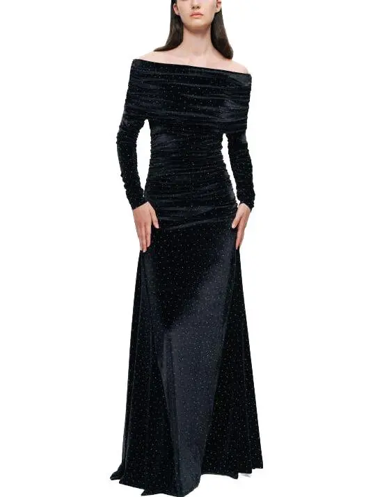 NOCTURNE Off-shoulder Velvet Maxi Dress With Rhinestone Detail - Black