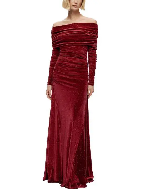 NOCTURNE Off-shoulder Velvet Maxi Dress With Rhinestone Detail - Dark Red