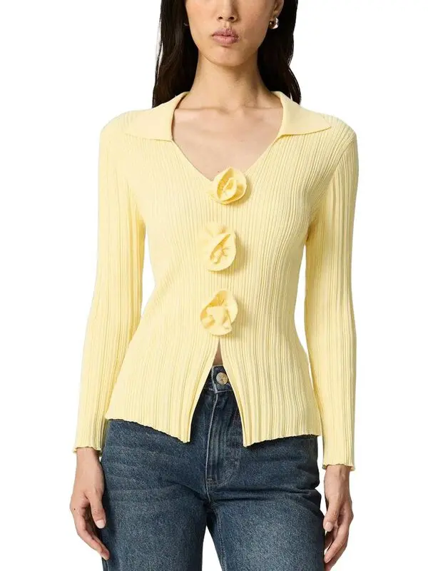 NOCTURNE Floral Embellished Ribbed V-neck Sweater - Yellow