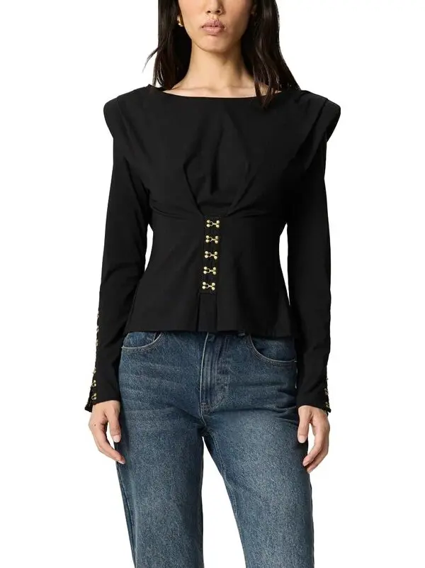 NOCTURNE Pleated Knit Blouse With Hook Detail - Black
