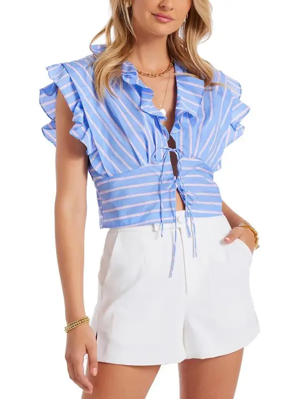 BISHOP + YOUNG Ruffle Tie Blouse - Blue Stripe