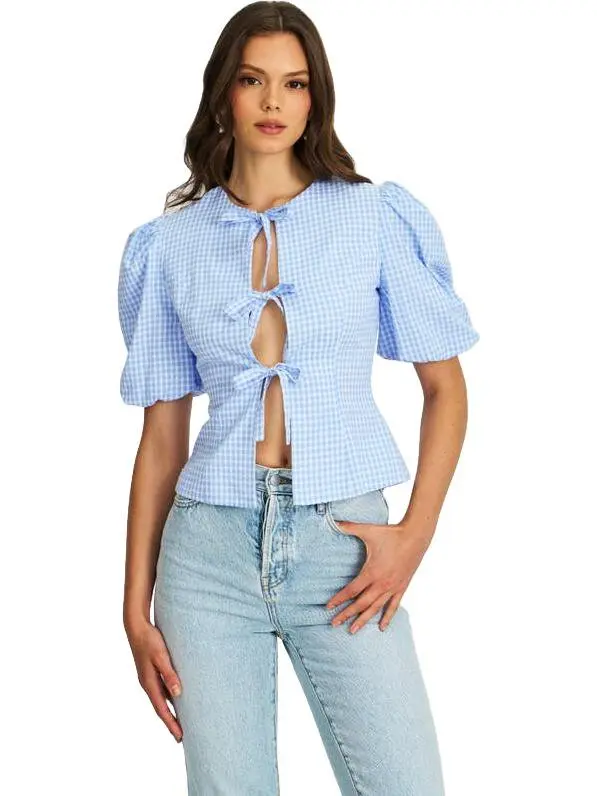 MISS CIRCLE Gingham Puff-sleeve Top With Tie Detail - Blue