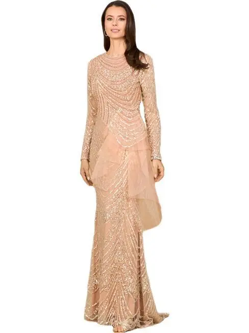 LARA NEW YORK Beaded Long Sleeve Gown With Tulle Applique - Dusty Rose