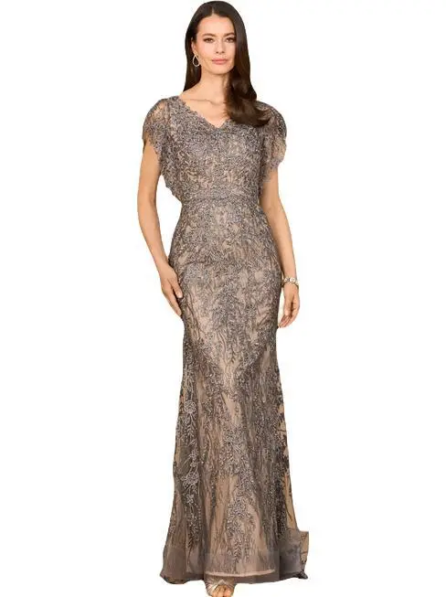 LARA NEW YORK Cap Sleeve Mermaid V-neck Gown - Grey