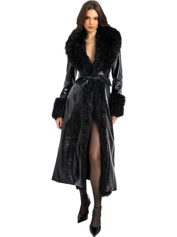 MISS CIRCLE Zella Longline Vegan Croc Leather Coat With Fur Trim - Black