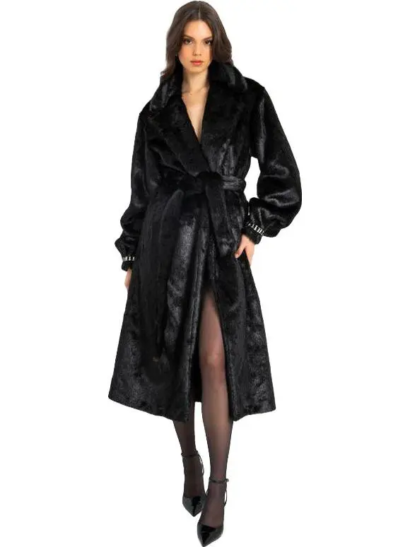 MISS CIRCLE Yahia Longline Coat With Faux Mink - Black