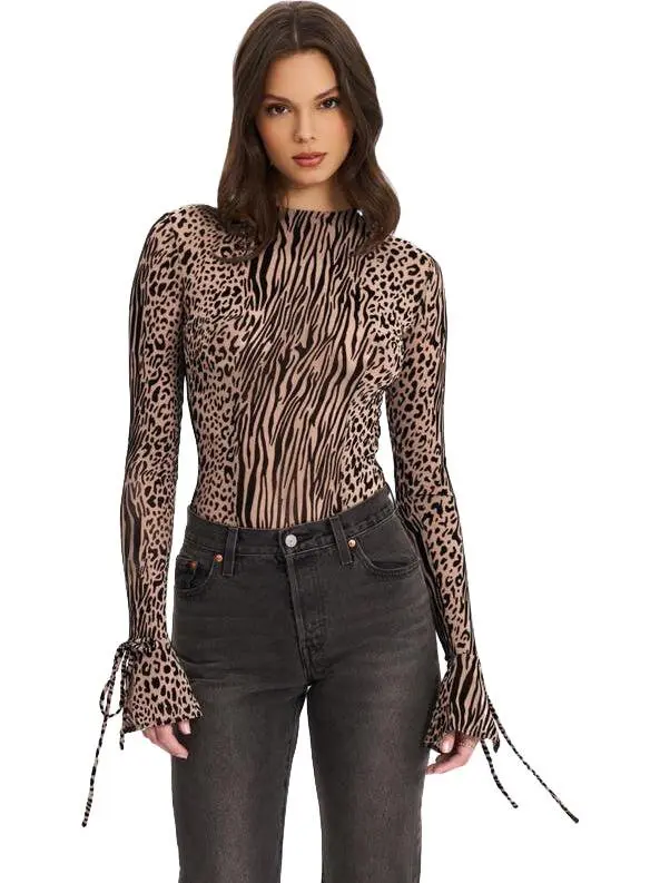 MISS CIRCLE NEW YORK Ibera Animal Print Velvet Bodysuit - Brown
