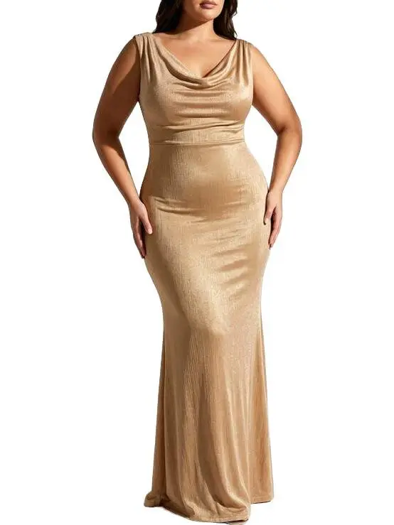 POPILUSH Shimmering Cowl Neck Built-in Shapewear Evening Maxi Dress - Champagne