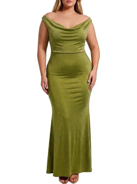 POPILUSH Shimmering Cowl Neck Built-in Shapewear Evening Maxi Dress - Metallic Olive