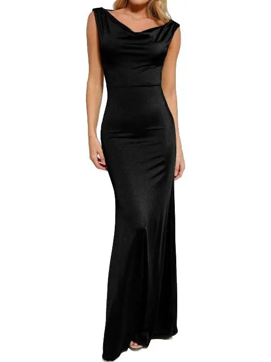 POPILUSH Shimmering Cowl Neck Built-in Shapewear Evening Maxi Dress - Midnight Black