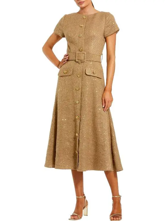 Mac Duggal Boucle Button Up Midi Dress - Toffee