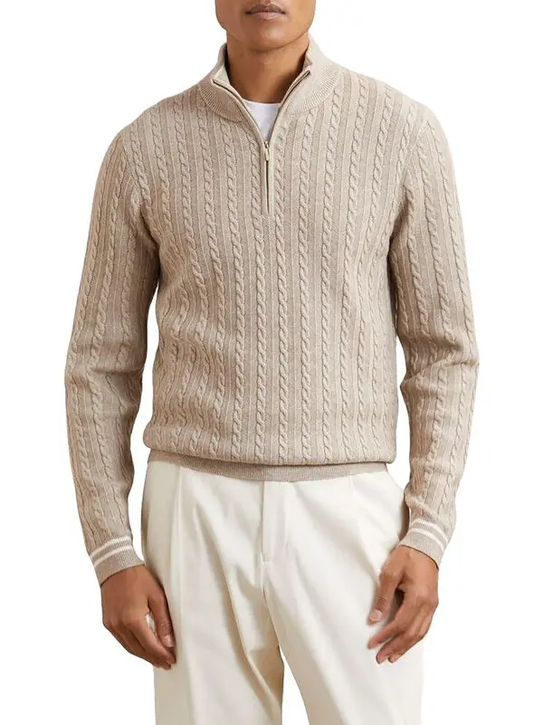 REISS Tuscano Cable Quarter Zip Sweater - Oatmeal Brown