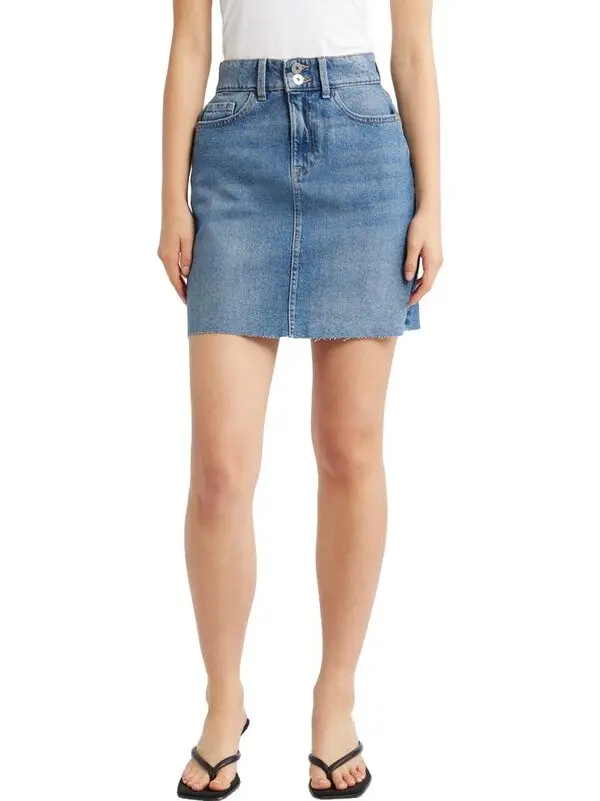 LIPSY Raw Hem Denim Mini Skirt - Mid Wash