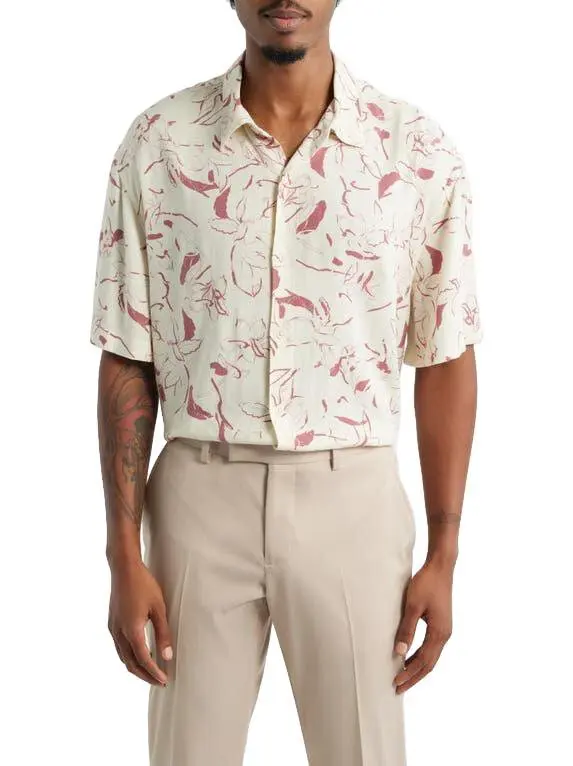 OPEN EDIT Floral Short Sleeve Button-up Shirt - Ivory- Pink Tossed Petal