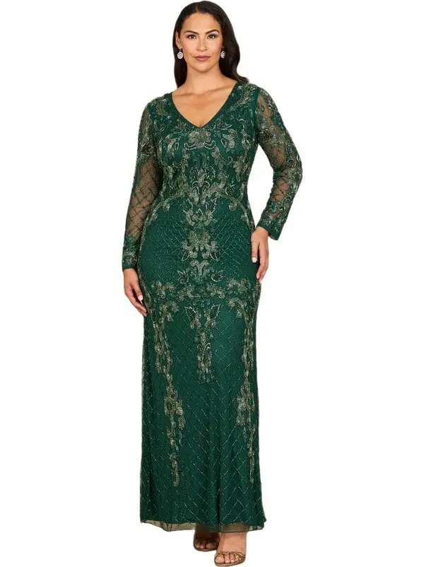 LARA NEW YORK Long Sleeve Beaded Gown - Dark Green