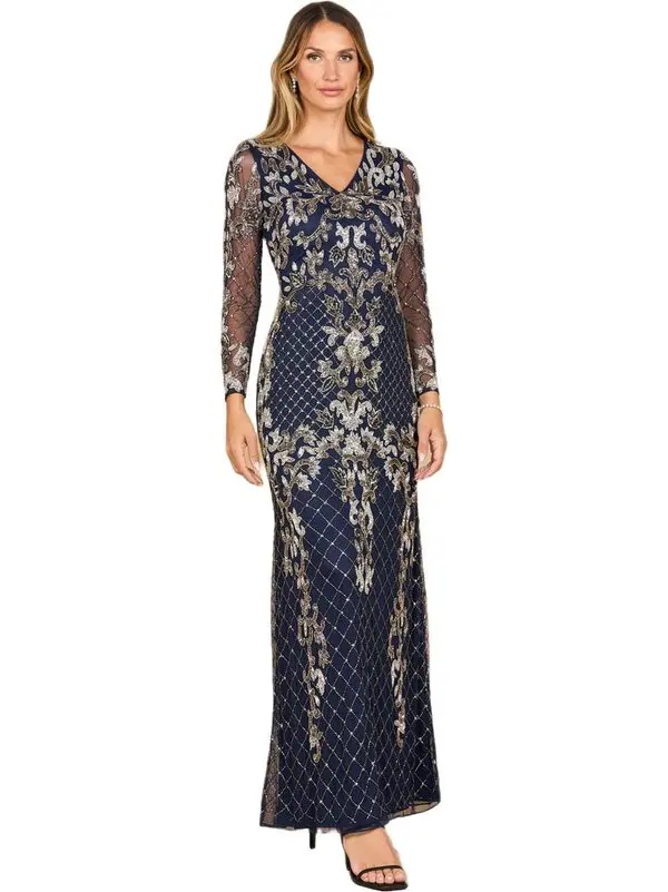 LARA NEW YORK Long Sleeve Beaded Gown - Navy