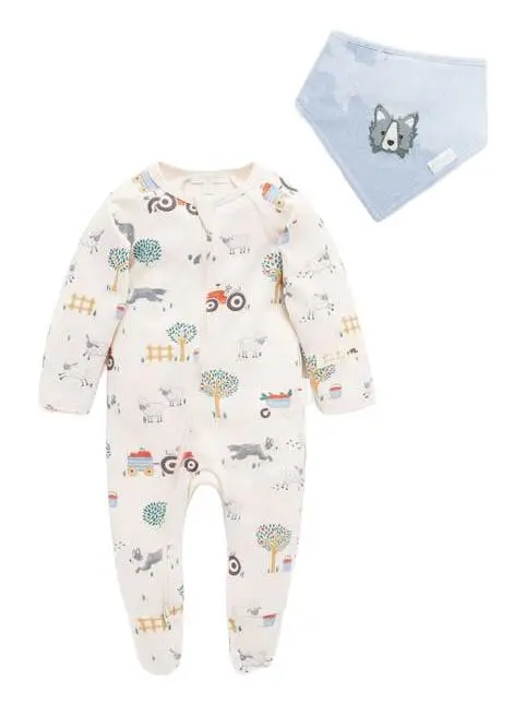 PUREBABY Cotton Zip Footie And Bib Set - Hearding Sheep Print