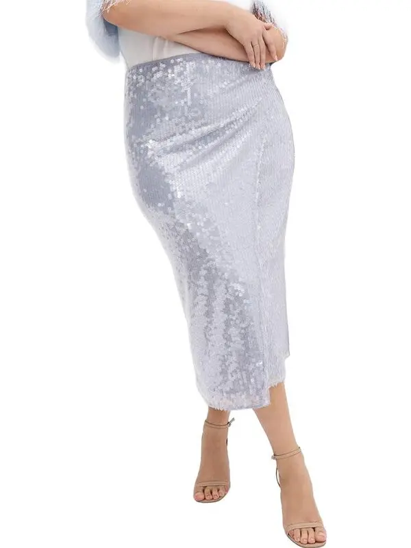 City Chic Sequin Pencil Midi Skirt - Sky Blue