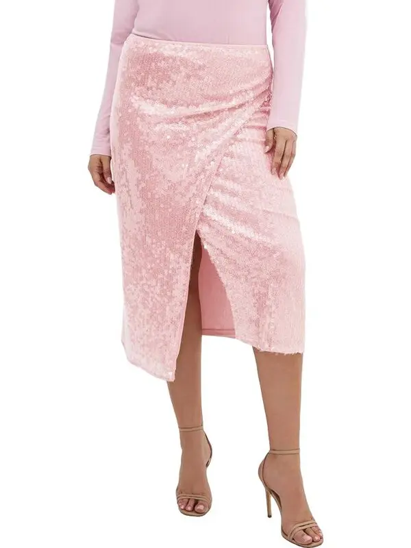 City Chic Sequin Pencil Midi Skirt - Soft Pink