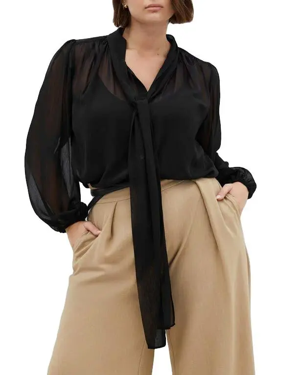 City Chic Seline Tie Neck Chiffon Shirt - Black