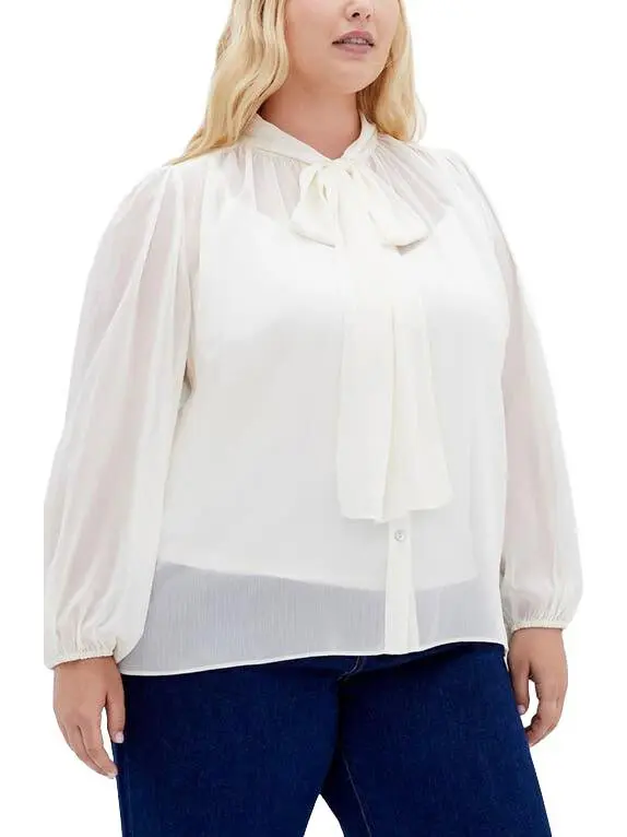 City Chic Seline Tie Neck Chiffon Shirt - Cream