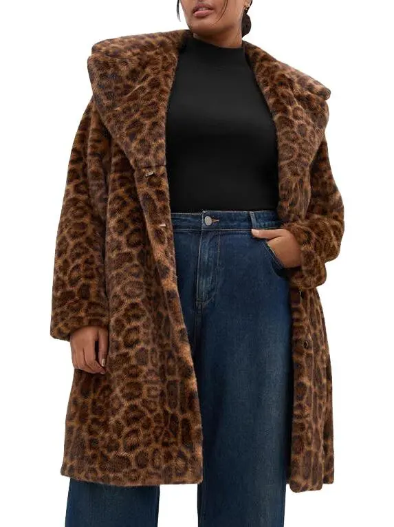 City Chic Remi Animal Print Faux Fur Coat - Leopard