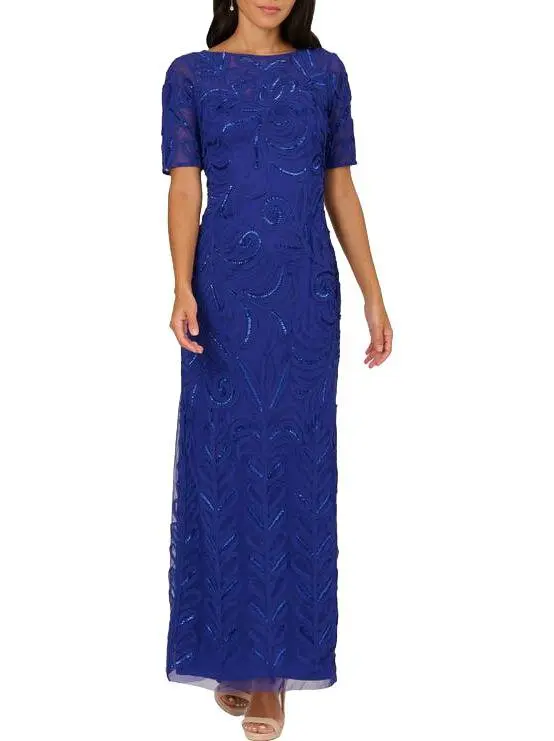 Adrianna Papell Soutache Column Gown - Dark Blue Violet