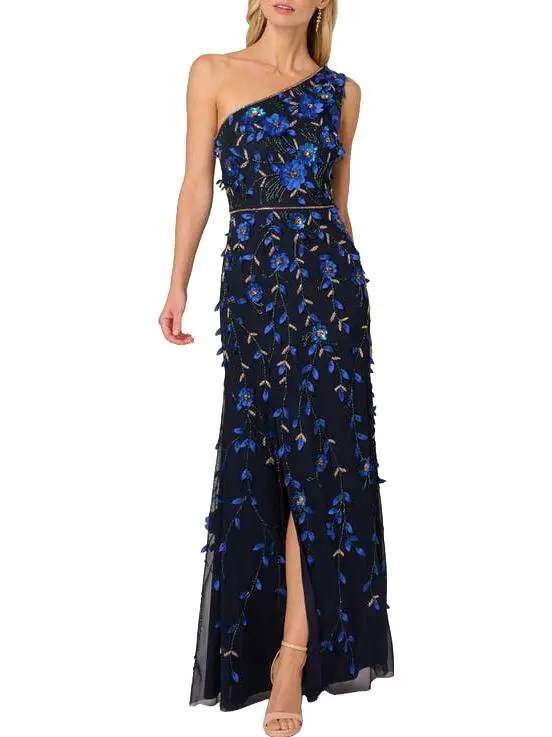 Adrianna Papell 3d Floral Beaded One-shoulder Gown - Navy/rose Gold