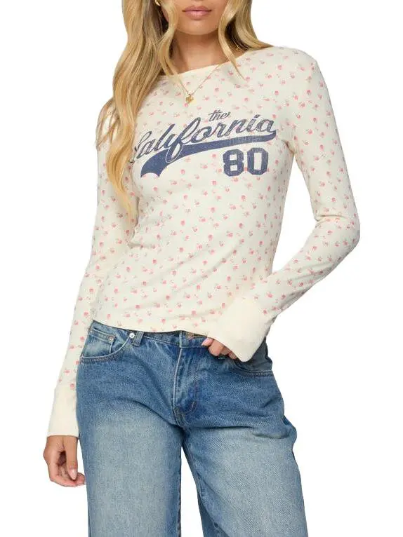 EDIKTED Floral Ribbed Long Sleeve Top - Cream