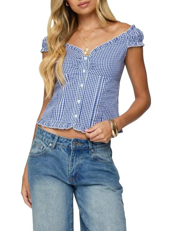 EDIKTED Gingham Ruffle Crop Button-up Shirt - Navy