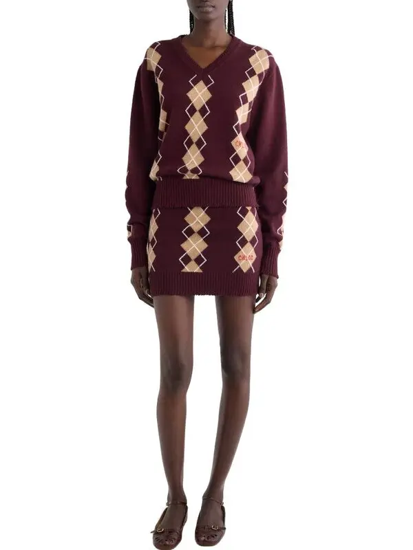 Chloé Argyle Wool & Cashmere V-neck Sweater - Burgundy