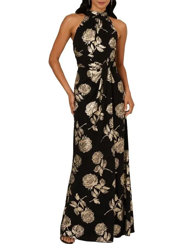 Adrianna Papell Metallic Floral Jacquard Mermaid Gown - Black/gold