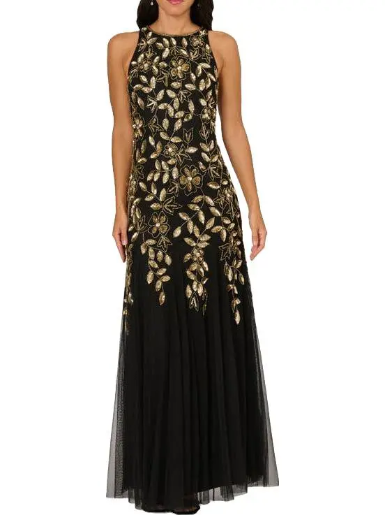 Adrianna Papell Embellished Mesh Gown - Black/gold