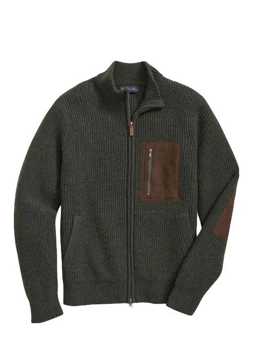 Brooks Brothers Rib Wool Military Zip Cardigan - Seaweed