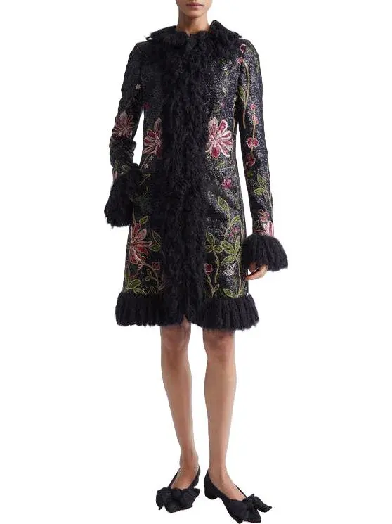 Giambattista Valli Sequin Floral Embroidered Coat With Faux Fur Trim - Black Multi