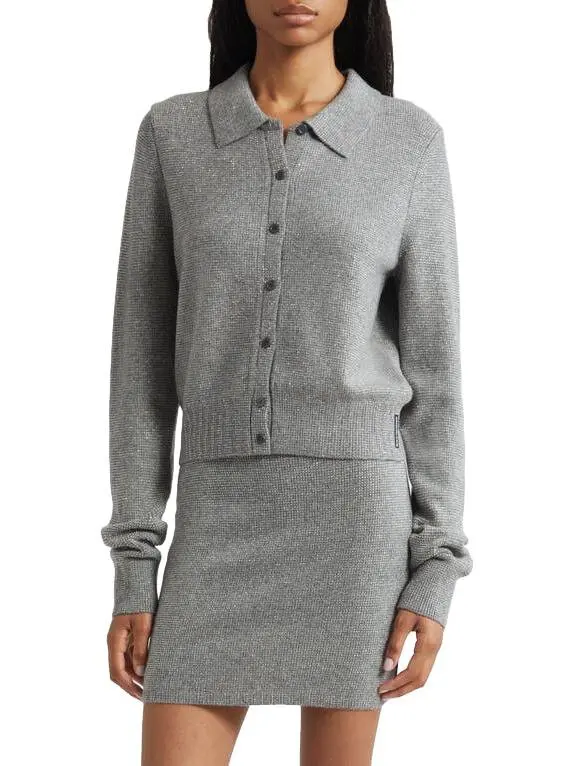 Alexander Wang Crystal Hotfix Wool Blend Polo Cardigan - Heather Grey