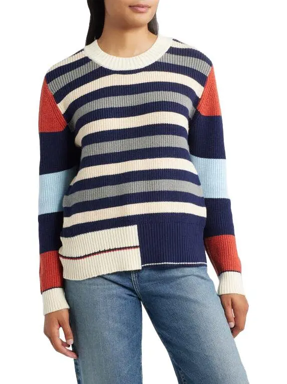 CITY BLUES Striped Colorblock Crewneck Sweater - Navy