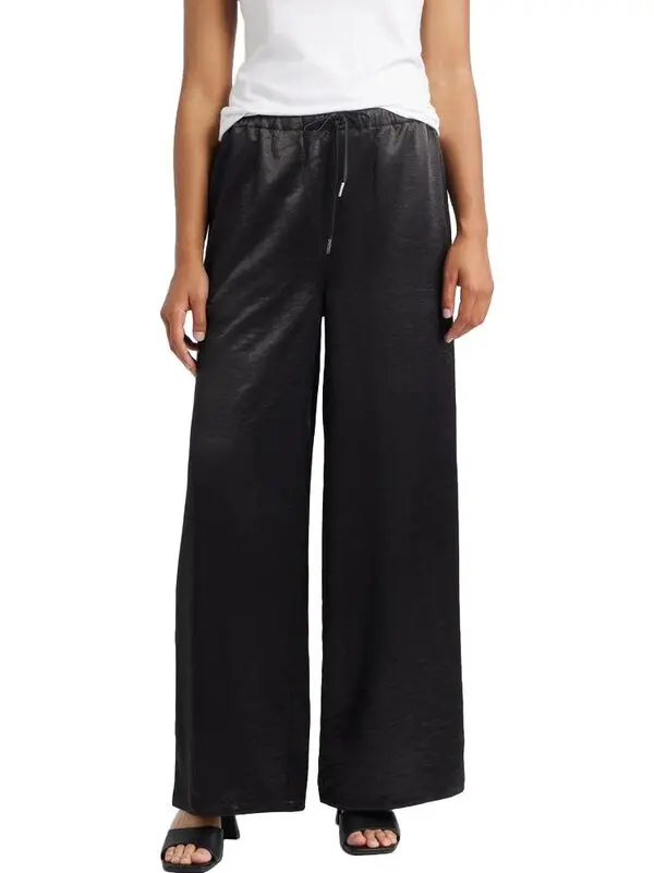 CITY BLUES Satin Drawstring Wide Leg Pants - Black