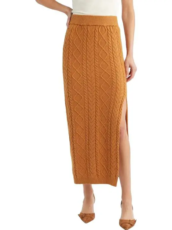 CITY BLUES Cable Knit Maxi Sweater Skirt - Cognac