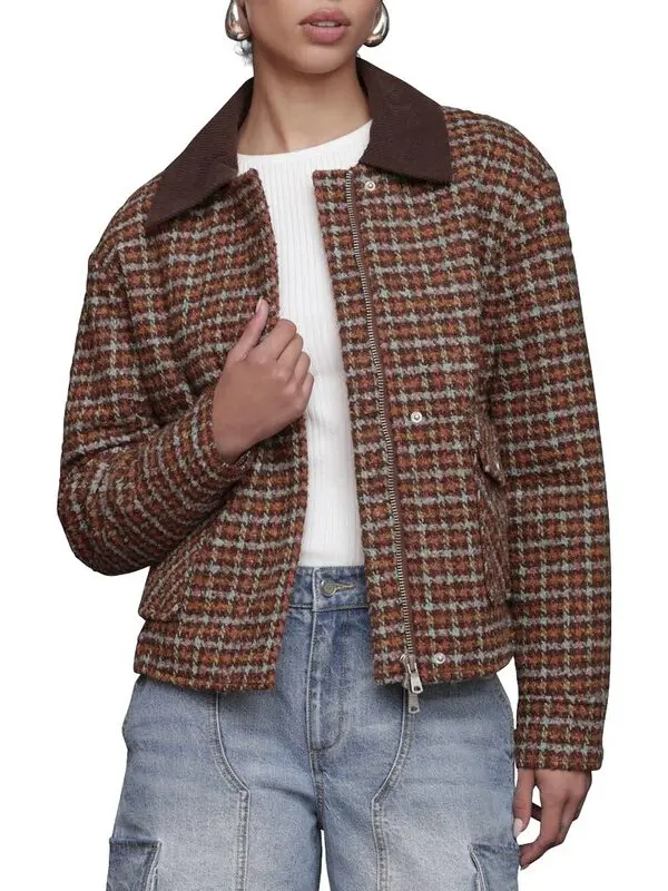 Avec Les Filles Oversize Tweed Bomber Jacket - Brown/blue Plaid