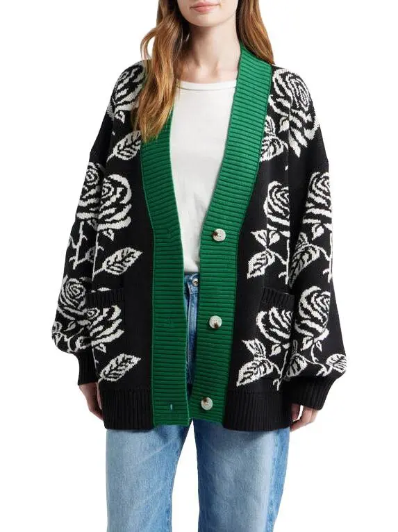 DRESSED IN LALA Oversized Rose Jacquard Cardigan - Black
