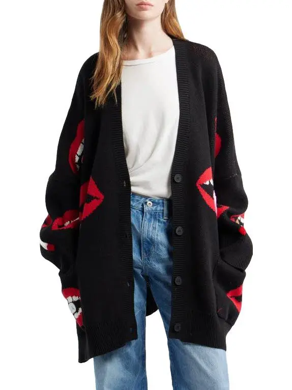 DRESSED IN LALA Smoking Mouth Oversized Cardigan - Black