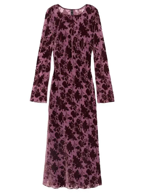 Mango Floral Burnout Velvet Maxi Dress - Burgundy