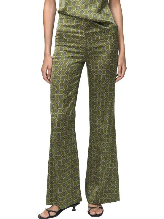 Mango Geo Print Flare Satin Pants - Green