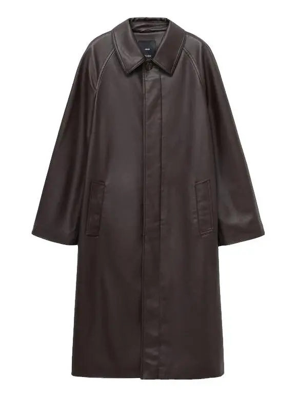 Mango Faux Leather Overcoat - Chocolate